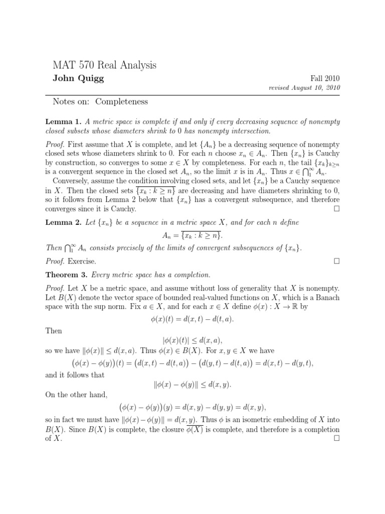 MAT 570 Real Analysis: John Quigg Notes On: Completeness | Download ...