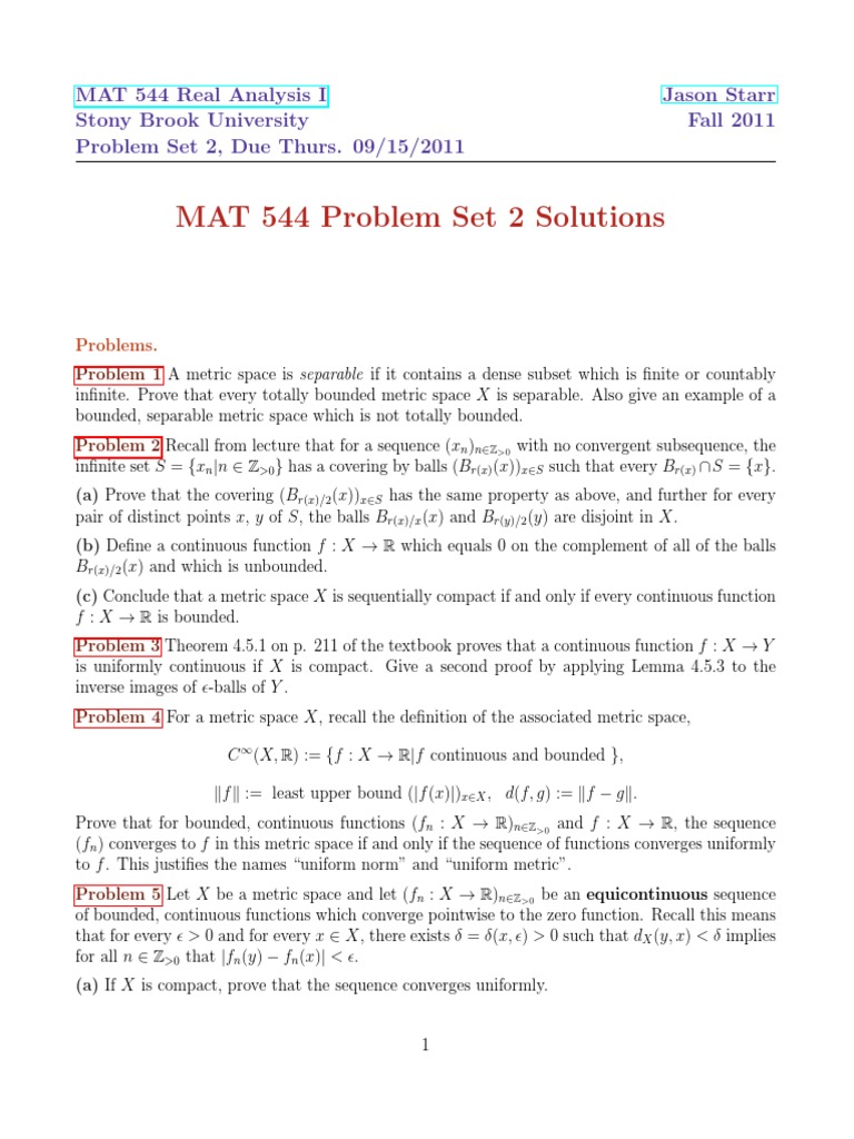 MAT 544 Problem Set 2 Solutions | PDF | Metric Space | Continuous Function