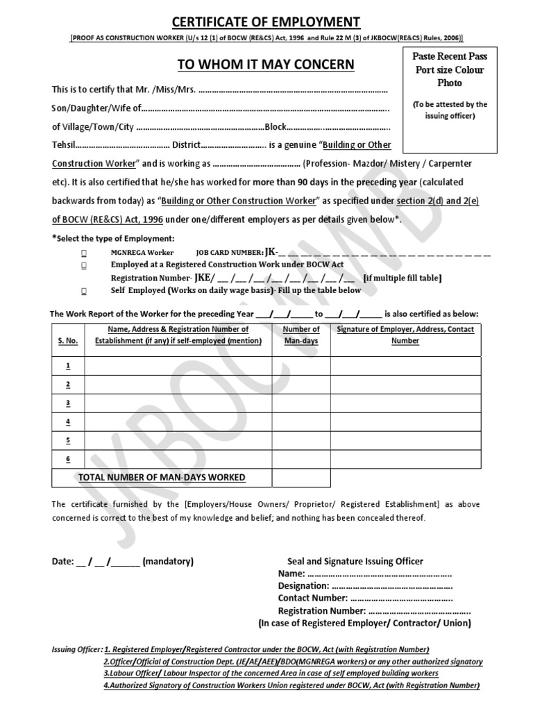 Employment Certificate for Construction Workers | PDF | Employment ...