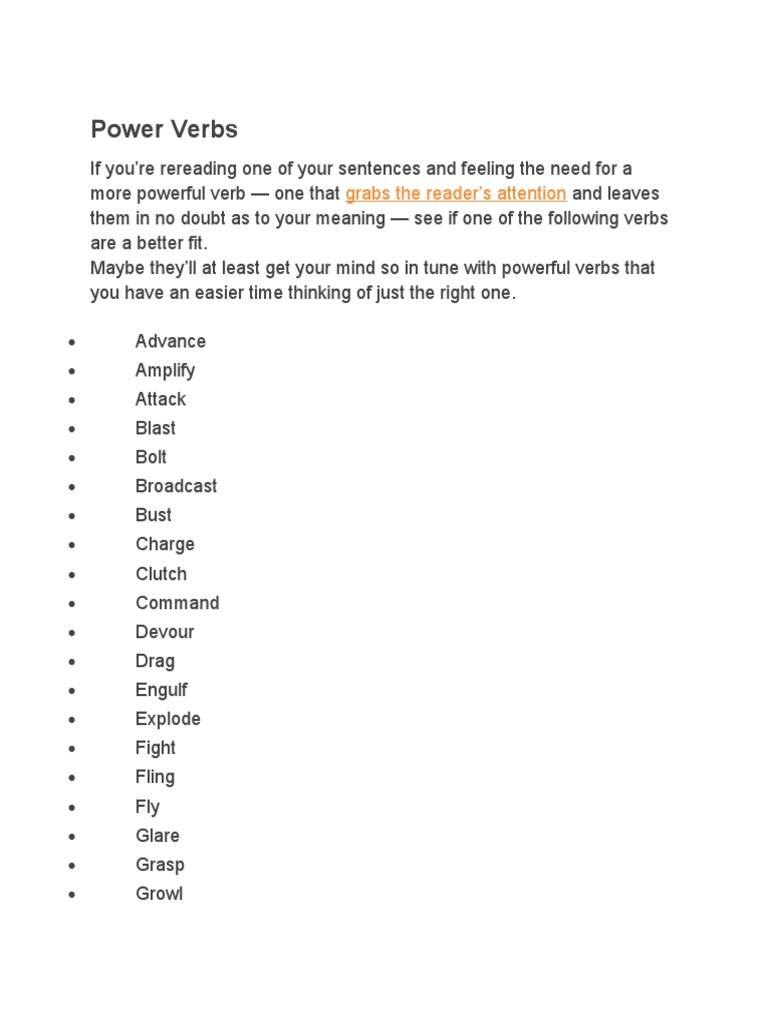 Power Verbs: Grabs The Reader's Attention | PDF | Linguistics | Grammar