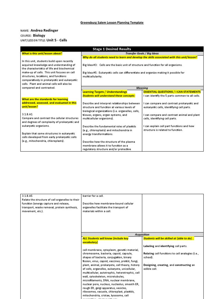 Biology Lesson Plan: Cells Unit | PDF | Eukaryotes | Cell (Biology)