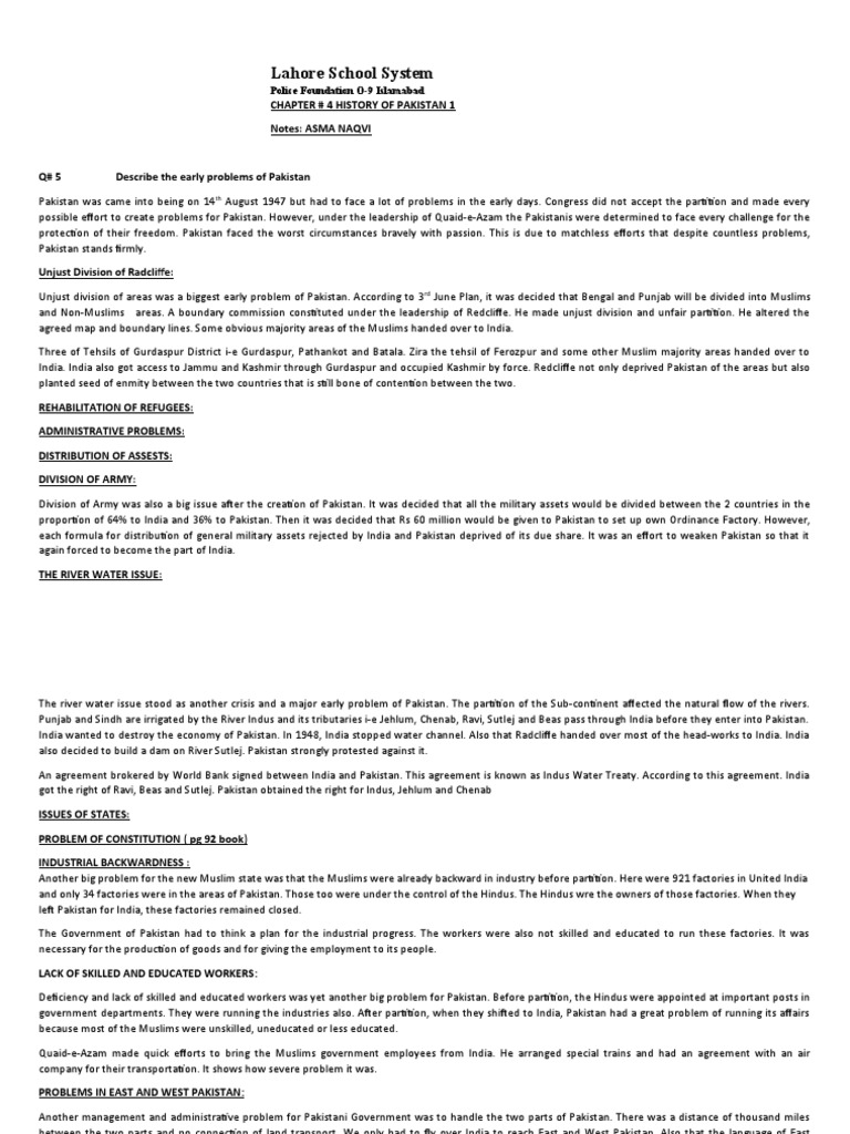 Notes On Early Problems of Pakistan | PDF | Partition Of India | Pakistan