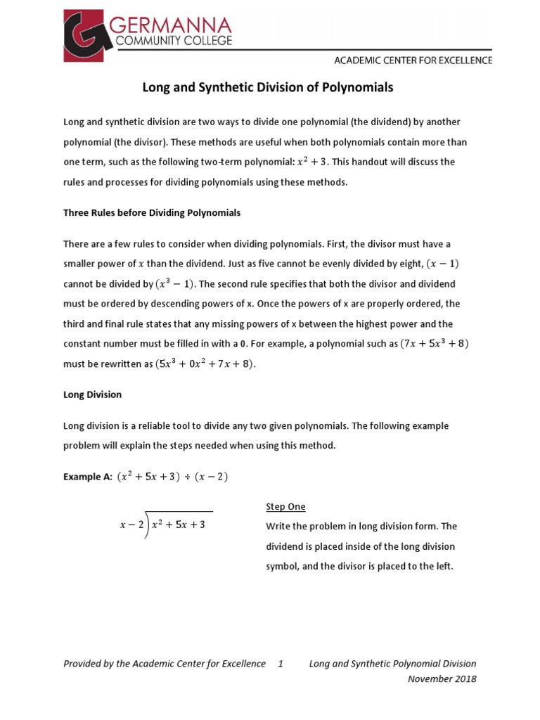 Long and Synthetic Division | PDF | Division (Mathematics) | Algorithms