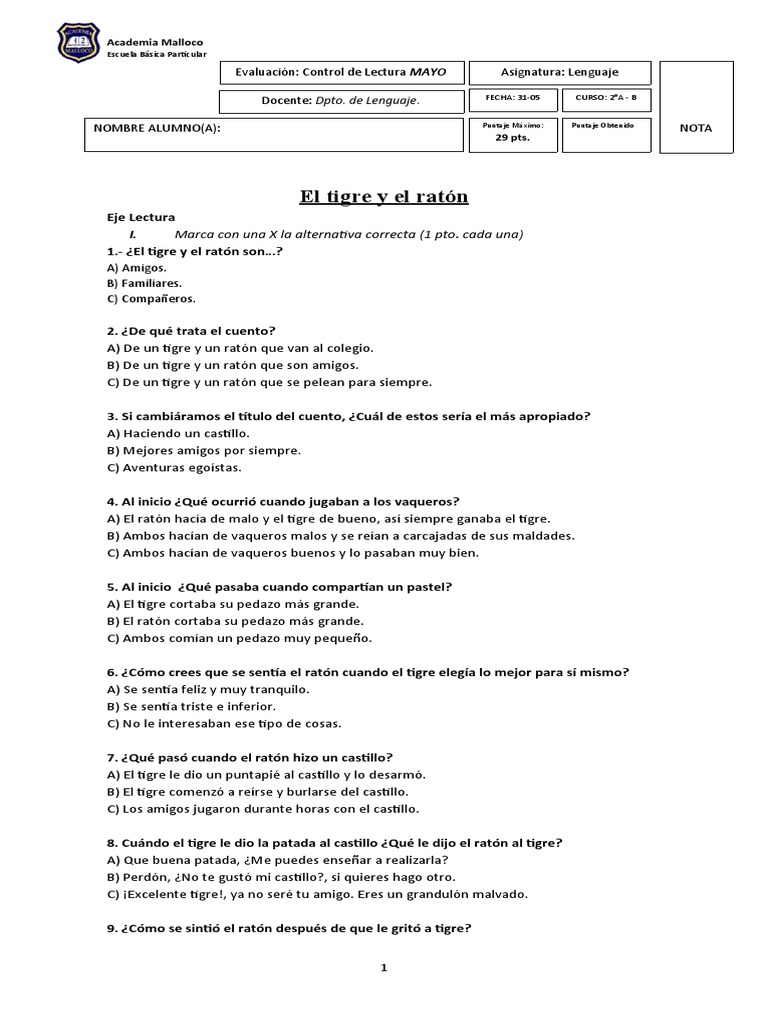 Cuento "El Tigre y el Ratón" Actividades | PDF | Ficción general