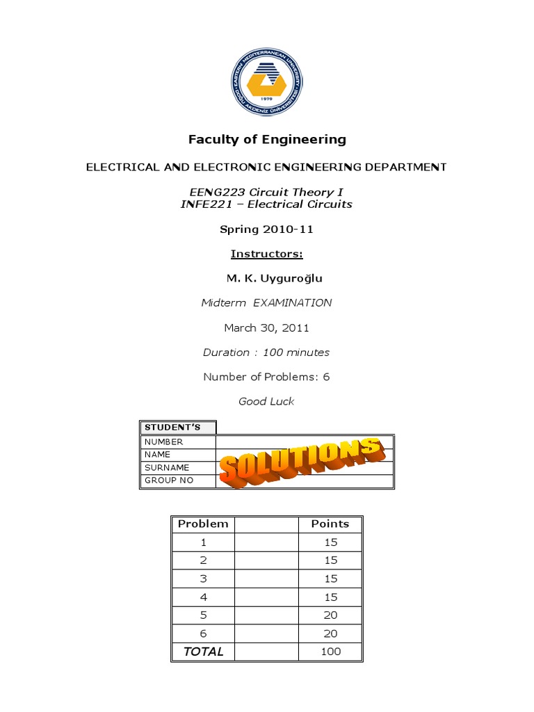 EENG223 Midterm-Solutions PDF | PDF | Electrical Network | Network Analysis (Electrical Circuits)