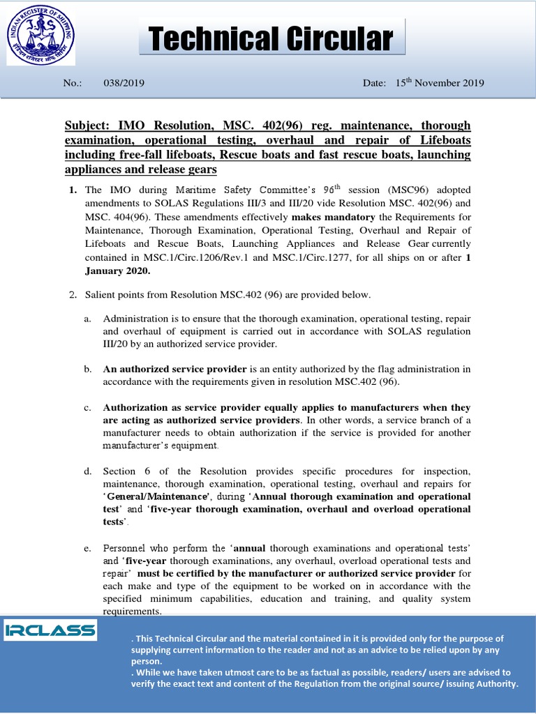 Technical Circular: 1. The IMO During Maritime Safety Committee's 96 ...