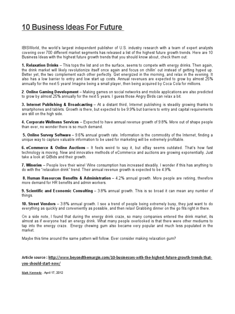 Top 10 Future Business Ideas | PDF | E Commerce | Internet