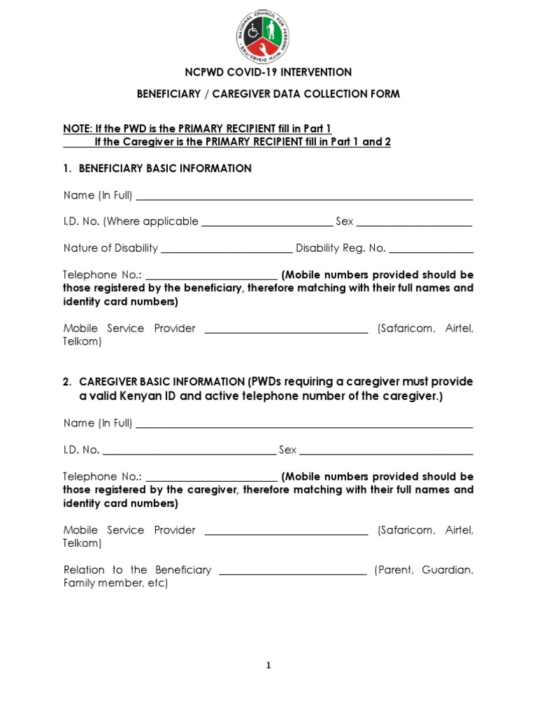 NCPWD Beneficiary Data Collection Form | PDF | Identity Document ...