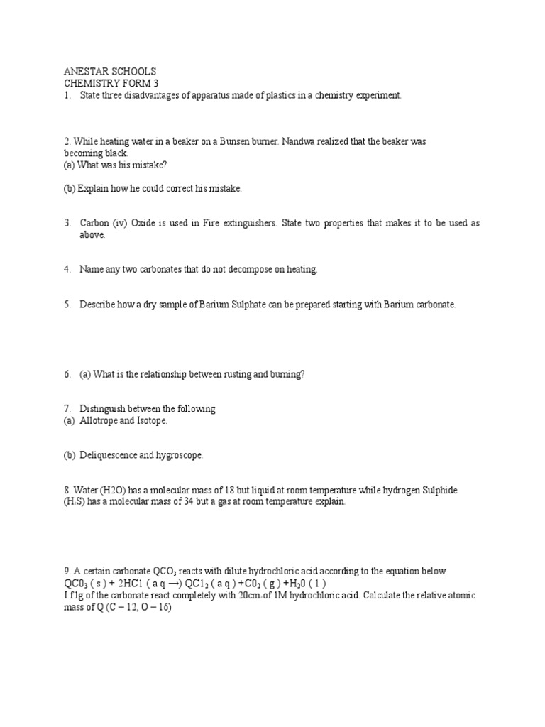 Chemistry Form 3 Assignment Guide | PDF | Oxide | Hydrogen