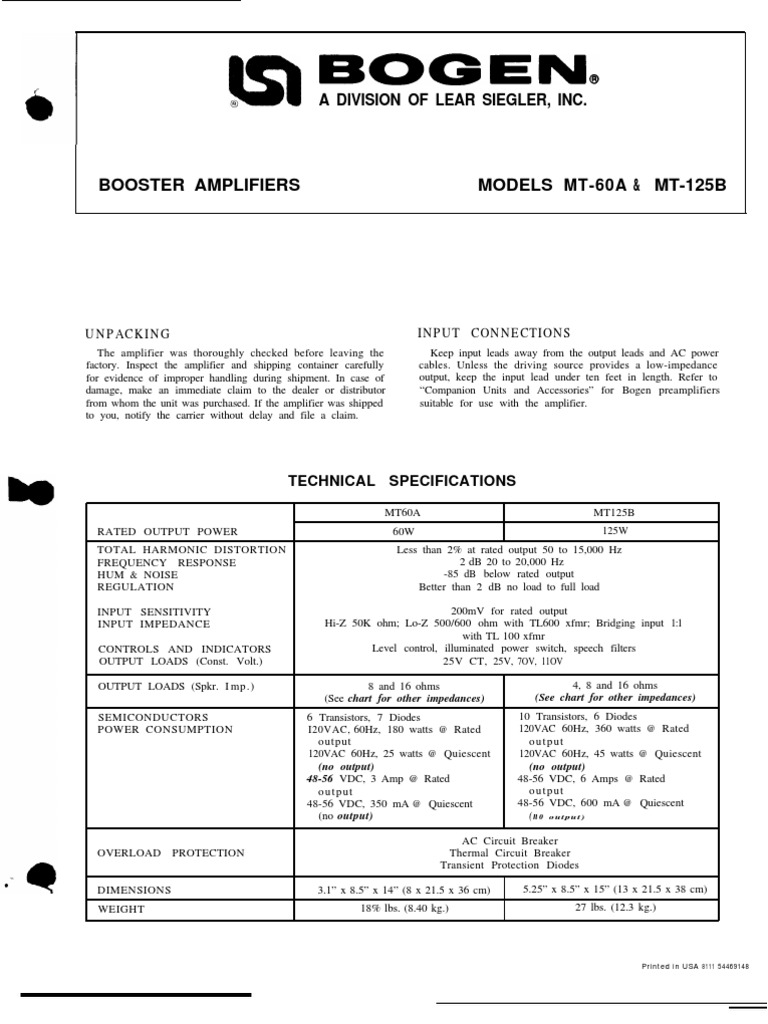 Bogen MT60A & MT125B Booster Amplifiers | PDF | Amplifier | Electronic ...