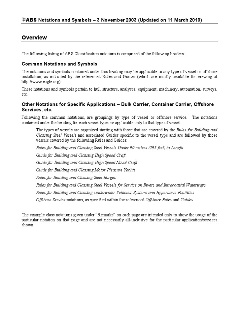 Class Notations ABS | PDF | Offshore Drilling | Water Transport