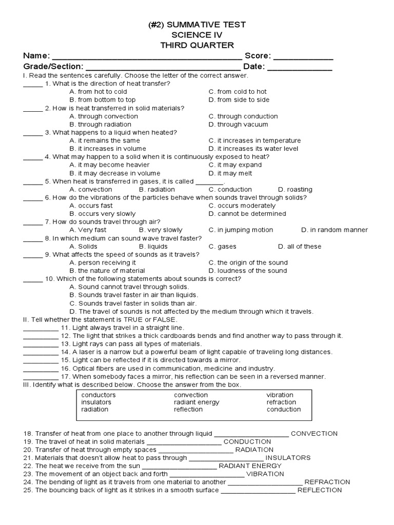 (#2) Summative Test Science Iv Third Quarter Name: - Score: - Grade ...