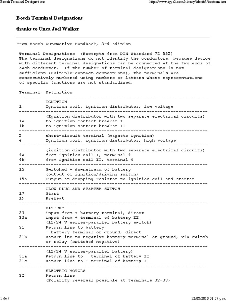 Bosch Terminal Designations Overview | PDF | Ignition System | Distributor
