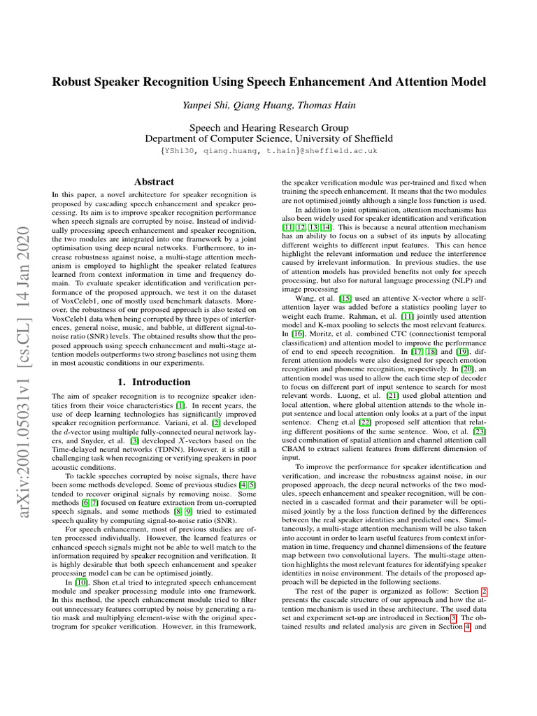 Robust Speaker Recognition Using Speech Enhancement and Attention Model | PDF | Deep Learning ...
