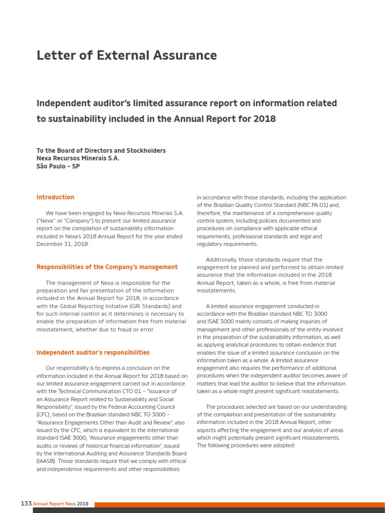 Nexa Ra2018 en External Assurance Letter | PDF | Audit | Business