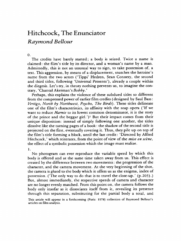 Hitchcock's Enunciator Analysis | PDF | Alfred Hitchcock | Psychoanalysis