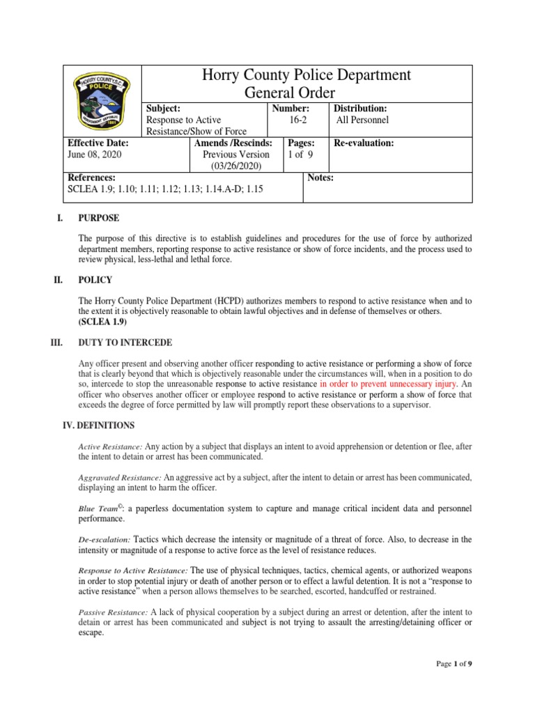HCPD Response To Active Resistance-Show of Force | PDF | Deadly Force ...