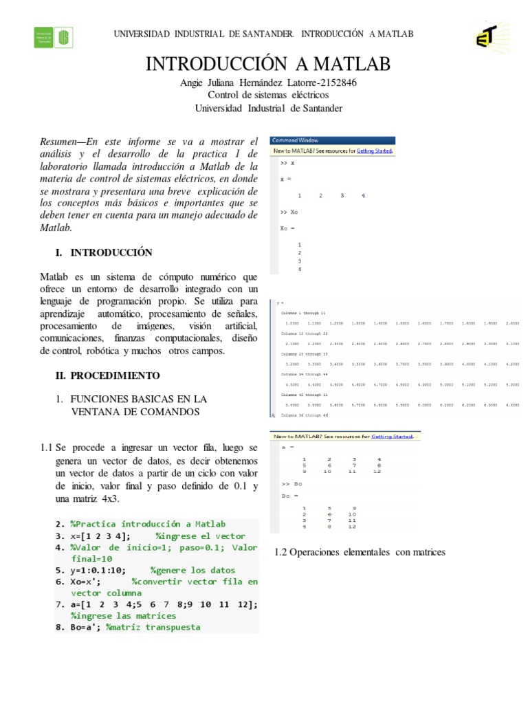 Lab Introduccion A Matlab | PDF | Matlab | Matriz (Matemáticas)