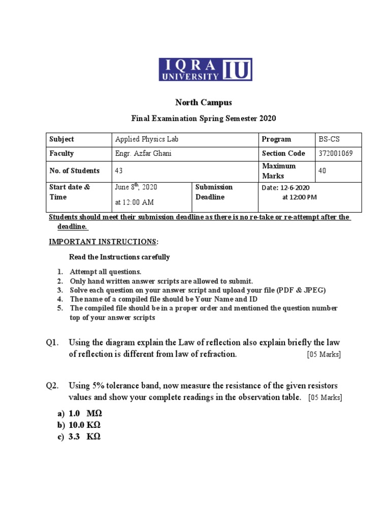 Applied Physics Lab Exam Instructions 2020 | PDF | Teaching Methods ...