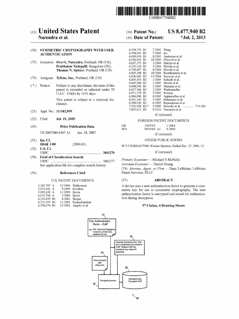 United States Patent (10) Patent No.: US 8.477,940 B2 | PDF | Key ...