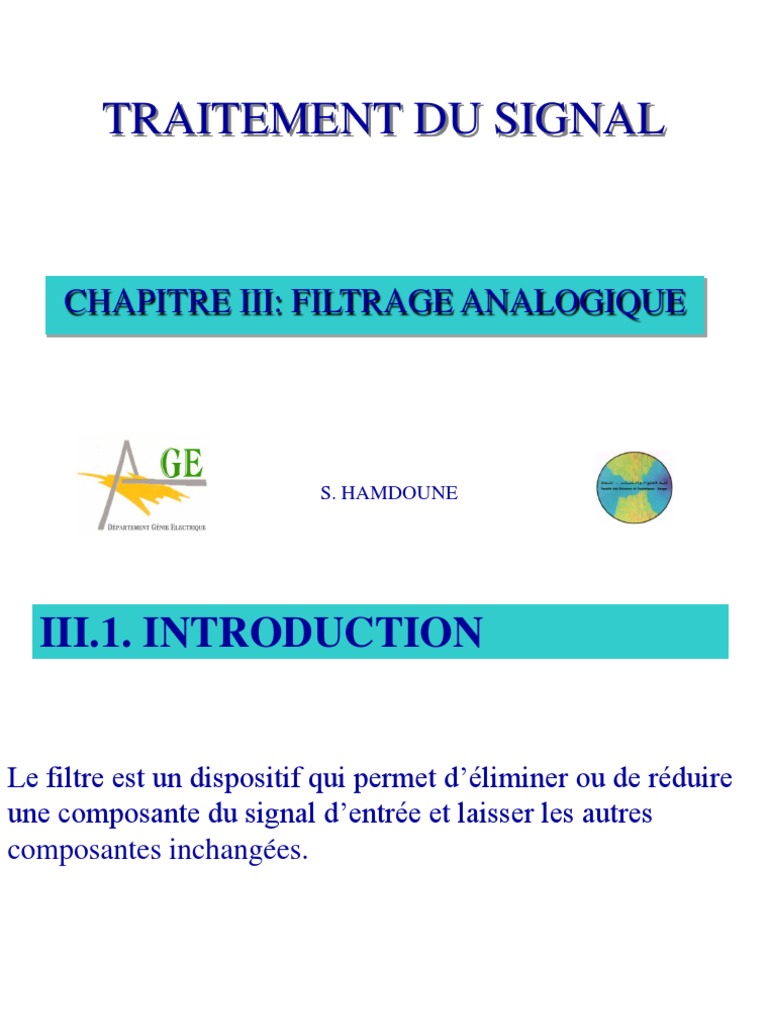 Chapitre III - Filtrage Analogique | PDF | Filtre (électronique) | Traitement du signal