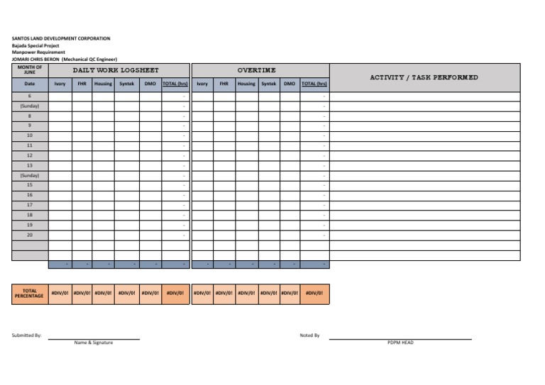Daily Work Log Sheet - Beron | PDF