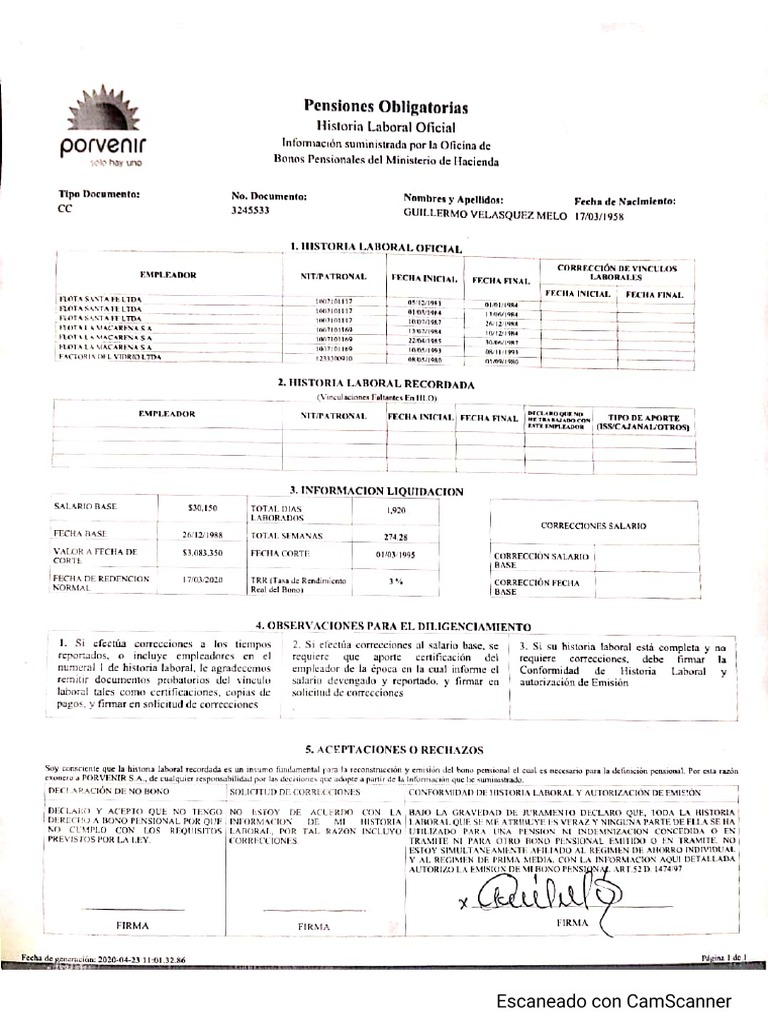 Historial Laboral Porvenir | PDF