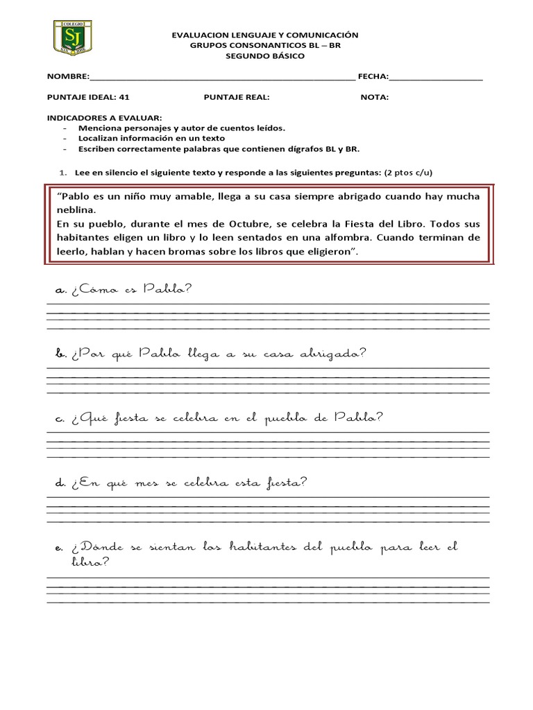 Evaluacion Grupo Consonantico BL BR | PDF