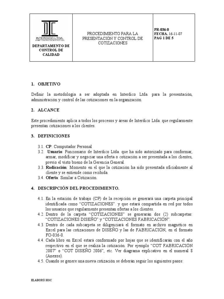 PR-036-0 Procedimiento Cotizaciones | PDF | Archivo de computadora | Microsoft Excel