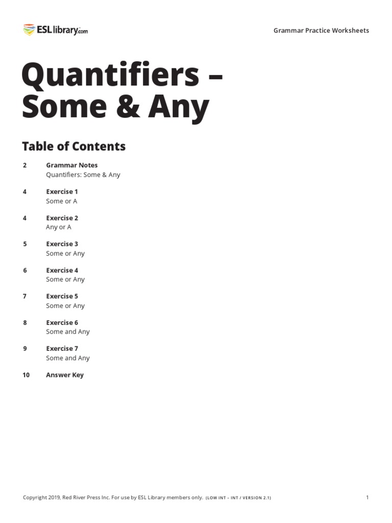 Quantifiers - Some & Any: Grammar Practice Worksheets | PDF | Noun ...