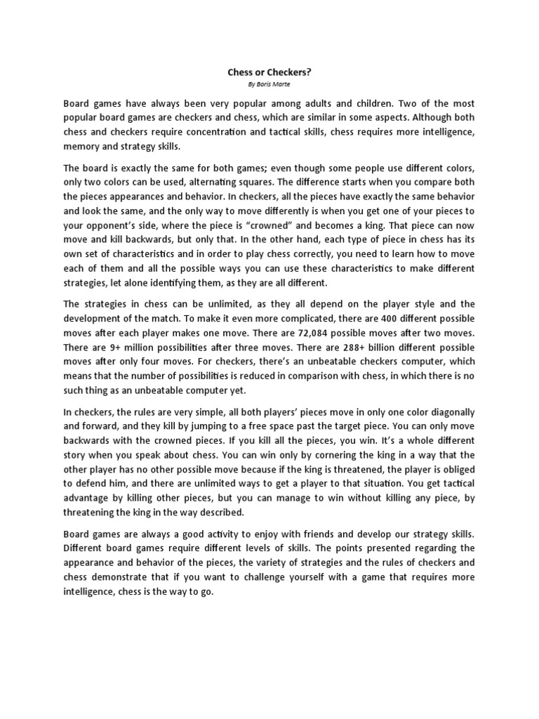 Chess or Checkers Comparison Contrast Essay | Download Free PDF | Chess ...
