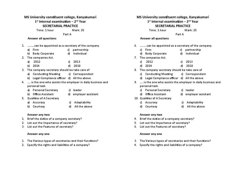 Secretarial Practice 1st Internal | PDF | Secretary | Companies