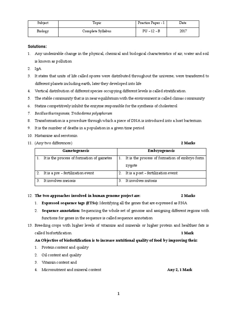 01-PU12 Biology Practice Paper 1 - Solutions | PDF | Lymphatic System ...