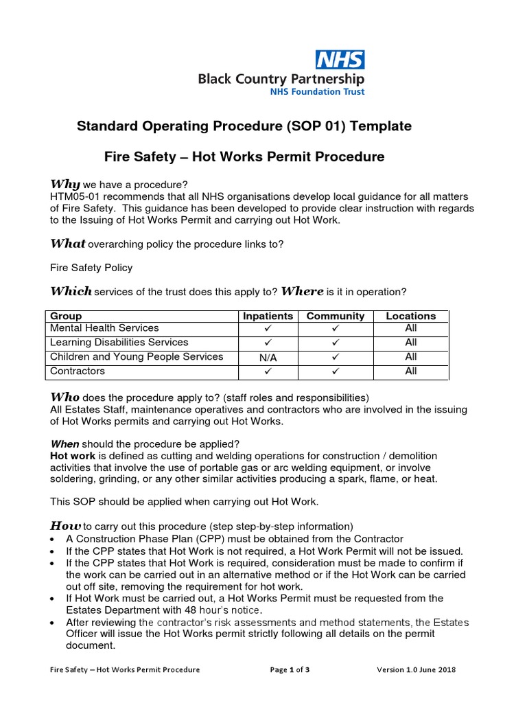 Fire Safety - SOP 01 - Hot Works Permit Procedure | PDF | Fire Safety ...