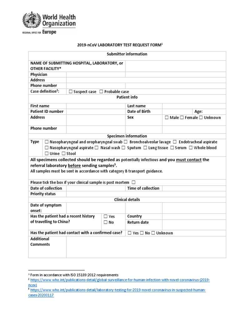 2019 nCoV LABORATORY TEST REQUEST FORM ENG | PDF | Science & Mathematics
