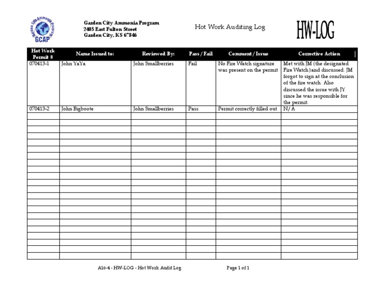 A16-04 - HW-LOG - Hot Work Audit Log | PDF