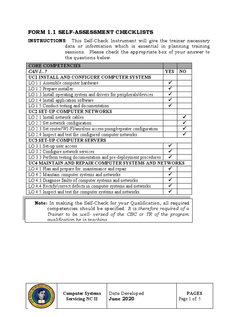 Form 1.1 Self-Assessment Checklists: CAN I... ? | PDF | Wi Fi ...