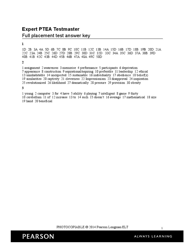 Full Placement Test Answer Key: Expert PTEA Testmaster | PDF
