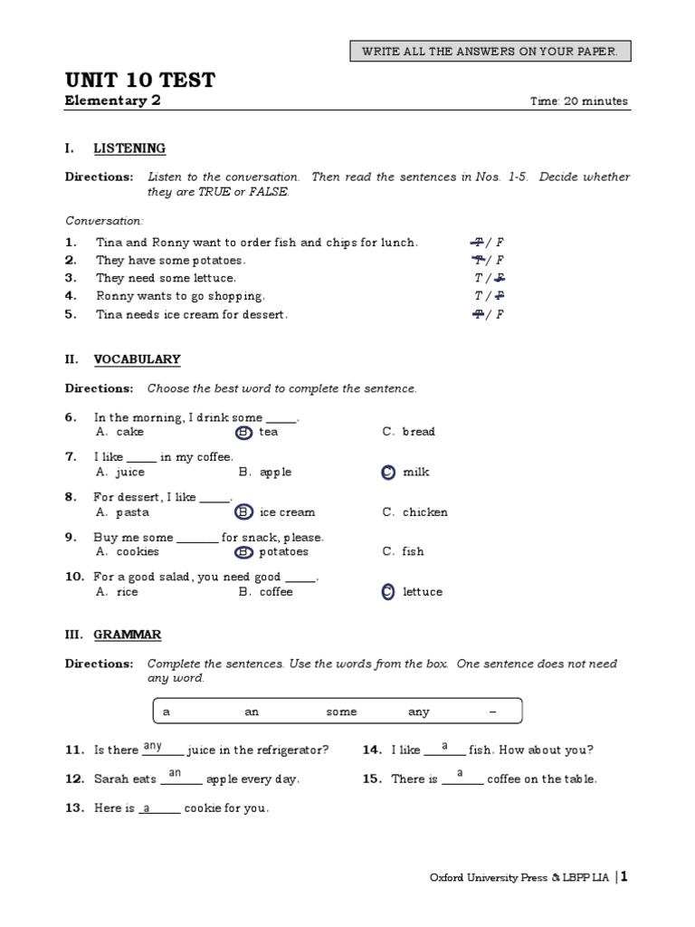 Unit 10 Test: Elementary 2 | PDF | Lunch | Foods