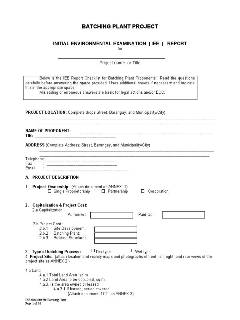 Batching Plant Project: Initial Environmental Examination (Iee) Report ...