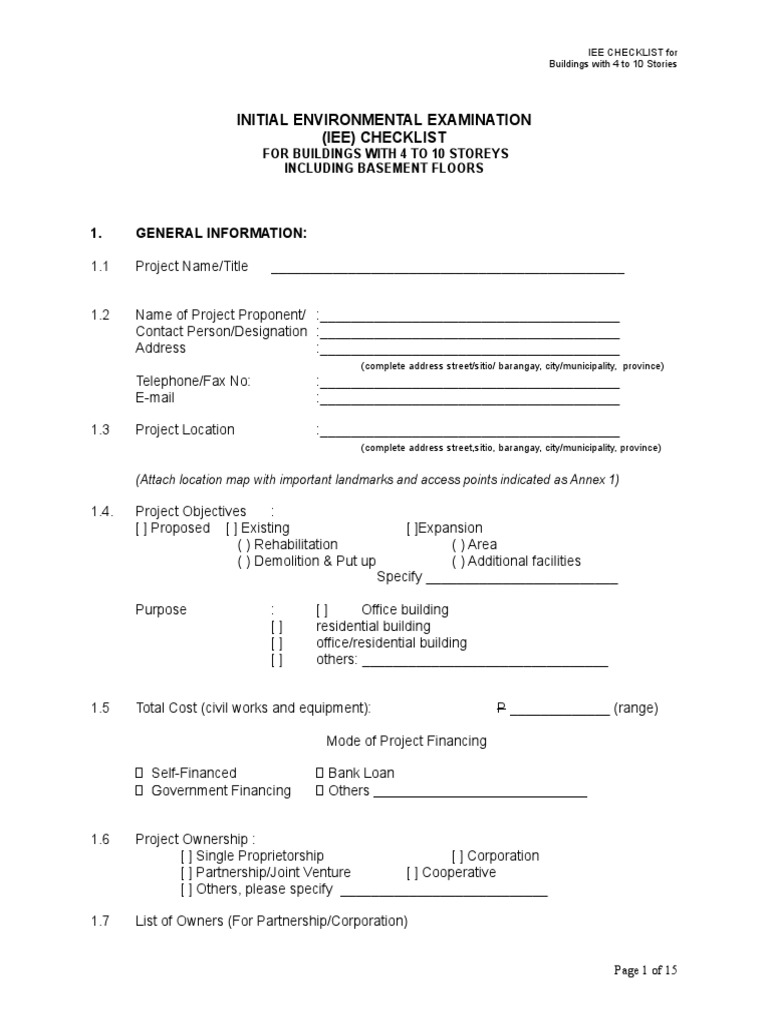 Initial Environmental Examination (Iee) Checklist: 1. General ...