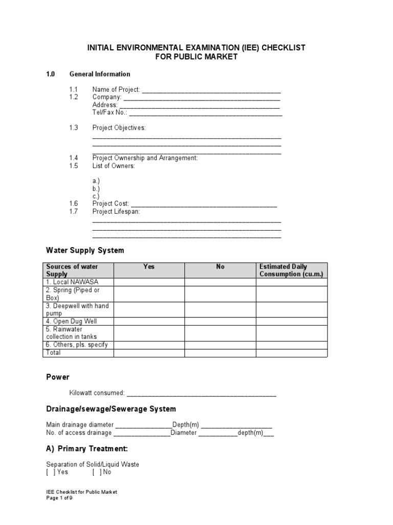 Initial Environmental Examination (Iee) Checklist For Public Market ...