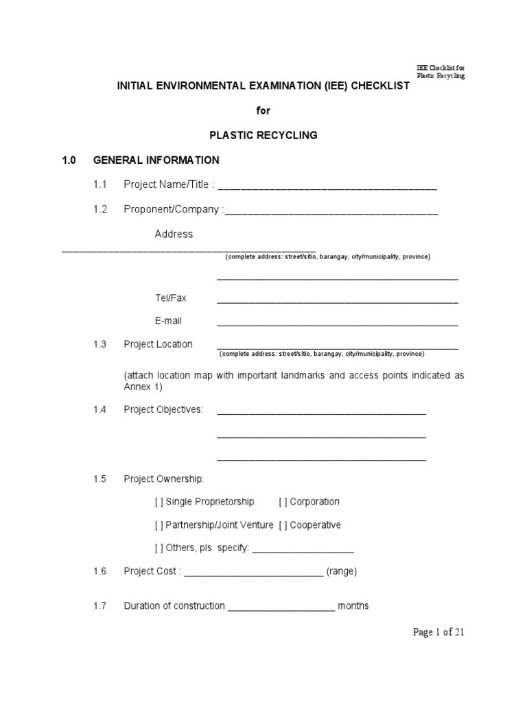 Initial Environmental Examination (Iee) Checklist For Plastic Recycling ...