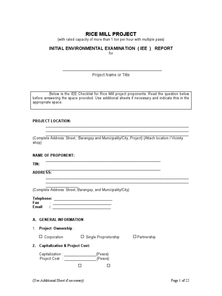 Rice Mill Project: Initial Environmental Examination (Iee) Report | PDF ...