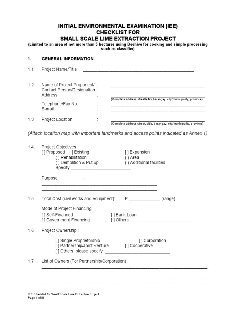 Initial Environmental Examination (Iee) Checklist For Small Scale Lime ...