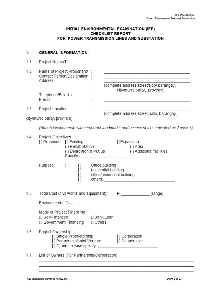 Initial Environmental Examination (Iee) Checklist Report For Power ...