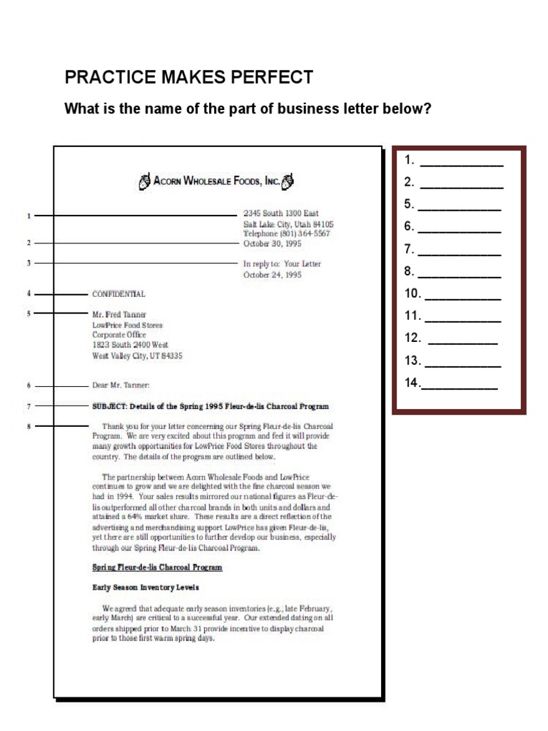 PRACTICE PARTS OF BUSINESS LETTER