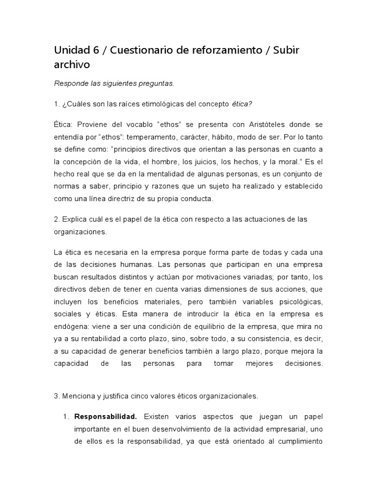 Unidad 6 Cuestionario de Reforzamiento | PDF | Responsabilidad social ...