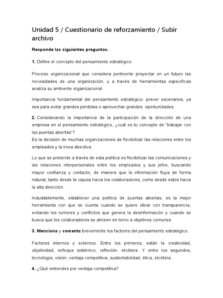 Unidad 5 Cuestionario de Reforzamiento | PDF | Análisis FODA | Cognición