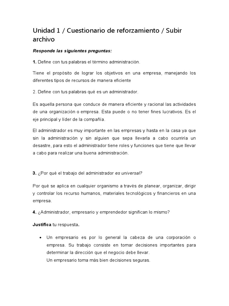 Unidad 1 Cuestionario de Reforzamiento | PDF | Iniciativa empresarial ...